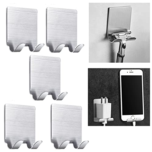 NC 5Pack Holder Shaver Hook Hanger Stand Self Adhesive Stainless Steel Heavy Duty Utility Storage Hook,Shower Hook for Razor,Bathroom Kitchen Organizer for Plug Robe Bathrobe Coat (5)