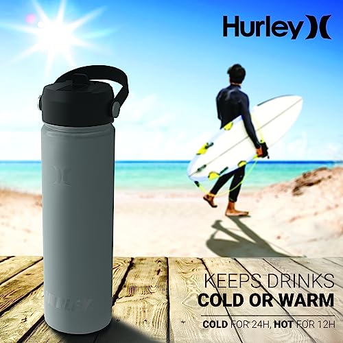 Hurley Insulated Water Bottle - 20 Oz Stainless Steel Water Bottle, Travel Water Bottle for Sports & Outdoor Activities - Insulated Bottle for Cold & Hot Drinks, Flip Open Straw Lid, Aloha Black