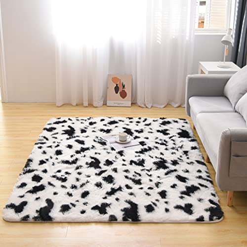 Meeting Story Cow Print Rug Faux Cowhide Rugs Cute Animal Print Carpet Fluffy Shaggy Tie Dye Fuzzy Area Rugs for Living Room Nursery Kids Floor Mat Thick Plush Non-Skid (White-Black, 3'x5')