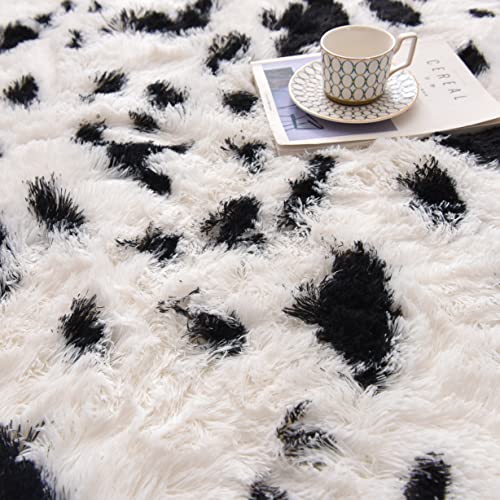 Meeting Story Cow Print Rug Faux Cowhide Rugs Cute Animal Print Carpet Fluffy Shaggy Tie Dye Fuzzy Area Rugs for Living Room Nursery Kids Floor Mat Thick Plush Non-Skid (White-Black, 3'x5')