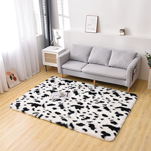 Meeting Story Cow Print Rug Faux Cowhide Rugs Cute Animal Print Carpet Fluffy Shaggy Tie Dye Fuzzy Area Rugs for Living Room Nursery Kids Floor Mat Thick Plush Non-Skid (White-Black, 3'x5')