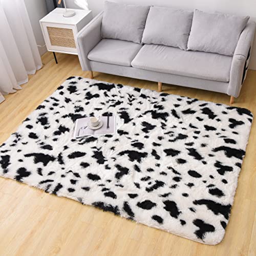 Meeting Story Cow Print Rug Faux Cowhide Rugs Cute Animal Print Carpet Fluffy Shaggy Tie Dye Fuzzy Area Rugs for Living Room Nursery Kids Floor Mat Thick Plush Non-Skid (White-Black, 3'x5')