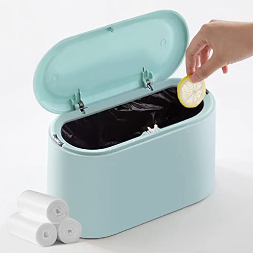 Mini Countertop Trash Can with 90pcs Trash Bags,Tiny Garbage Can with Press Type Lid,Small Desktop Waste Bin with Hidden Bag,Little Table Trash Bucket for Bathroom,Kitchen,Bedroom,Office (Blue)