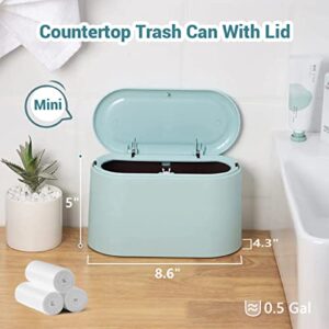 Mini Countertop Trash Can with 90pcs Trash Bags,Tiny Garbage Can with Press Type Lid,Small Desktop Waste Bin with Hidden Bag,Little Table Trash Bucket for Bathroom,Kitchen,Bedroom,Office (Blue)