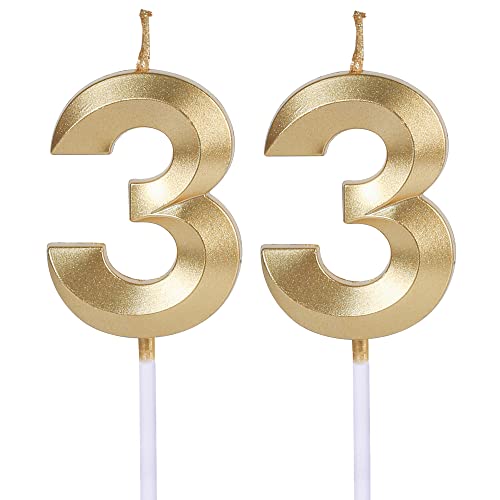 Gold 33rd Birthday Candles for Cakes, Number 33 3 Candle Cake Topper for Party Anniversary Wedding Celebration Decoration