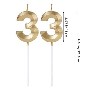 Gold 33rd Birthday Candles for Cakes, Number 33 3 Candle Cake Topper for Party Anniversary Wedding Celebration Decoration