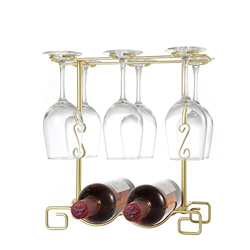 Homya Wine Glass Holder, Freestanding Table Top Goblets Metal Storage Rack for 2 Bottles with 6 Hooks Kitchen Glass Accessories, Gold