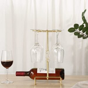 Homya Wine Glass Holder, Freestanding Table Top Goblets Metal Storage Rack for 2 Bottles with 6 Hooks Kitchen Glass Accessories, Gold