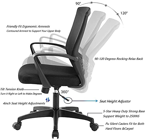 Ergonomic Mesh Office Chair, Home Office Desk Chairs with Adjustable Backrest, High Back Computer Desk Chair with Adjustable Headrest and Flip-Up Arms, Swivel Task Chair (Black)