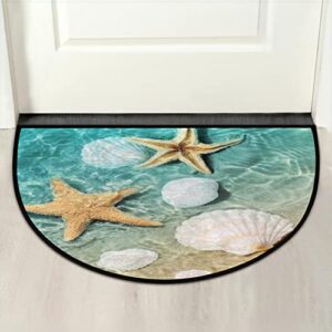 Summer Beach Half Round Door Mat, Starfish Shell Floor Mat Non-Slip Half Circle Area Rug Durable Washable Runner Mat for Living Room Bedroom Indoor Outdoor Entry for High Traffic Areas