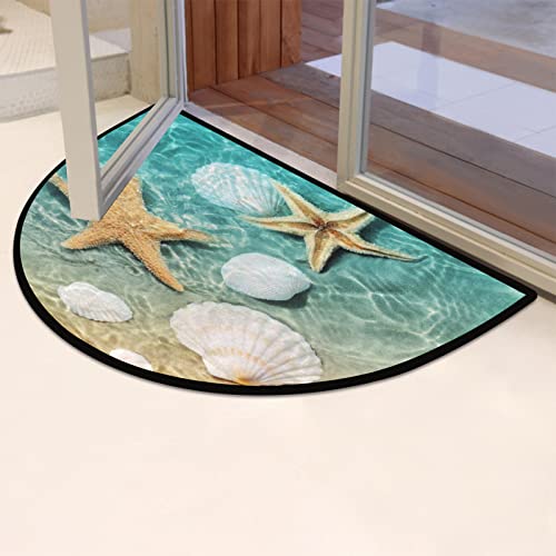 Summer Beach Half Round Door Mat, Starfish Shell Floor Mat Non-Slip Half Circle Area Rug Durable Washable Runner Mat for Living Room Bedroom Indoor Outdoor Entry for High Traffic Areas