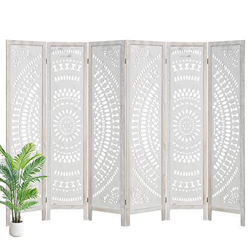 6 Panel Room Divider,Cutout Wood Room Dividers and Folding Privacy Screens,Foldable Natural Wooden Lightweight Room Partition for Office, Bedroom,Terrace(White)