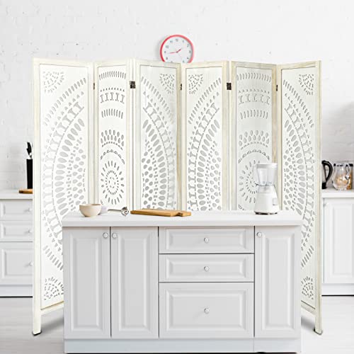 6 Panel Room Divider,Cutout Wood Room Dividers and Folding Privacy Screens,Foldable Natural Wooden Lightweight Room Partition for Office, Bedroom,Terrace(White)