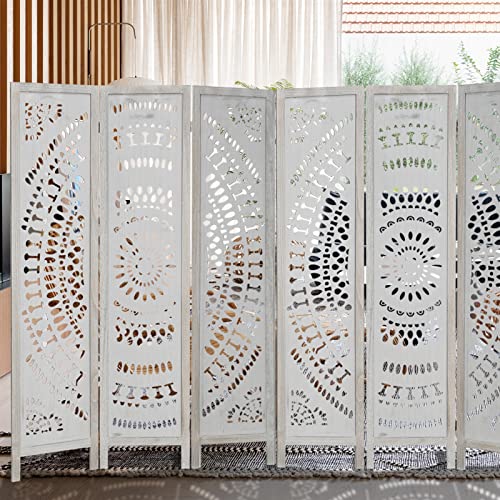 6 Panel Room Divider,Cutout Wood Room Dividers and Folding Privacy Screens,Foldable Natural Wooden Lightweight Room Partition for Office, Bedroom,Terrace(White)