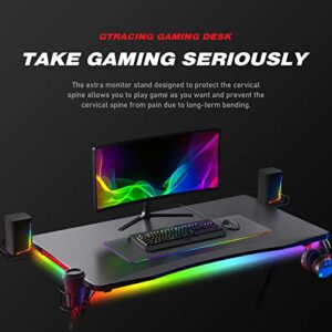 GTRACING Gaming Desk with Led Strip Lights, 44 Inch Ergonomic Z-Shaped Carbon Fiber Surface Computer Gaming Table for PC, Home Office Gamer Desk with Cup Holder, Speaker Holders and Headphone Hook