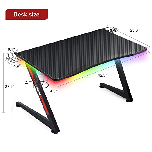 GTRACING Gaming Desk with Led Strip Lights, 44 Inch Ergonomic Z-Shaped Carbon Fiber Surface Computer Gaming Table for PC, Home Office Gamer Desk with Cup Holder, Speaker Holders and Headphone Hook