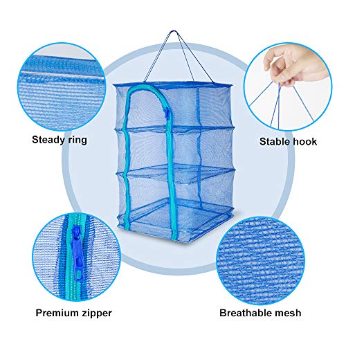 KOECPS Drying Net, Nylon Material 4 Layers 15.7X 15.7 x 25.6 Inch Hanging Foldable Rack Folding Fish Mesh Drying Cage for Shrimp Fish Fruit Vegetables Herb Drying Seeds Bud (Shipping from US)