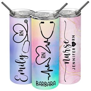 personalized 20 oz nurse tumbler with straw lid, 10 designs & 25 colors, nurse gifts for women, custom nurse appreciation gifts, nurse graduation gift, 3 piece set