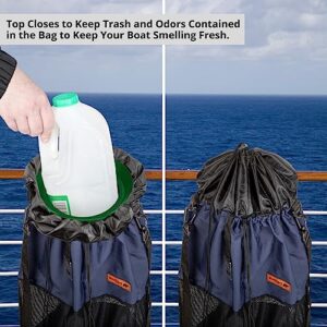 Boat Trash Bag with Bottle Opener - Large Opening Boat Trash Can with Side Zipper for Easy Garbage Disposal - Boat Garbage Can, Boat Trash Container, Boat Trash Sack (5.5" Opening, Green Cap/Blue Bag)