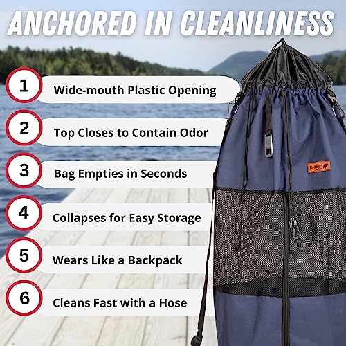 Boat Trash Bag with Bottle Opener - Large Opening Boat Trash Can with Side Zipper for Easy Garbage Disposal - Boat Garbage Can, Boat Trash Container, Boat Trash Sack (5.5" Opening, Green Cap/Blue Bag)