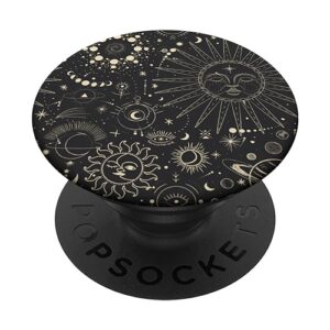 astrological space stars moon sun pattern black popsockets standard popgrip