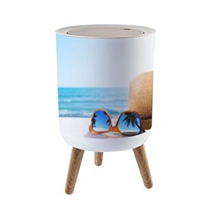 small trash can with lid summer tropical beach background; glasses and palm tree reflex garbage bin round waste bin press cover dog proof wastebasket for kitchen bathroom living room 1.8 gallon