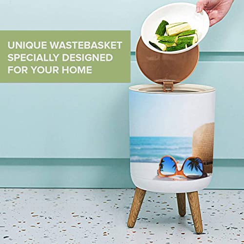 Small Trash Can with Lid Summer tropical beach background; glasses and palm tree reflex Garbage Bin Round Waste Bin Press Cover Dog Proof Wastebasket for Kitchen Bathroom Living Room 1.8 Gallon