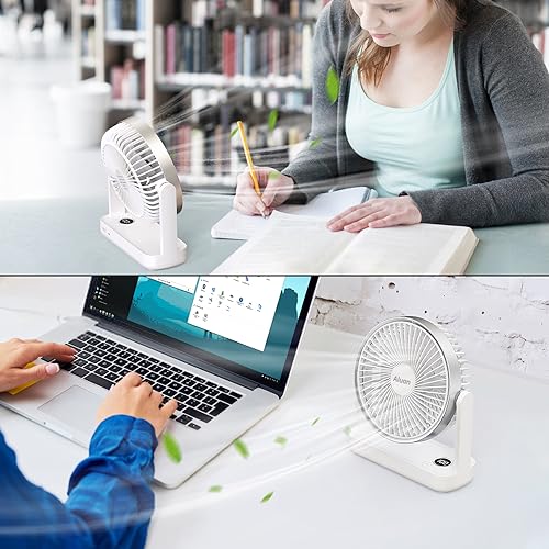 Aluan Desk Fan, 7200mAh Rechargeable Battery Operated Small Personal Table Fan Quiet 4 Speeds Strong Wind Desktop Cooling Fan 180° Adjustment for Home Bedroom Office, White