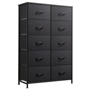 wlive 10-drawer dresser, fabric storage tower for bedroom, hallway, nursery, closets, tall chest organizer unit with textured print bins, steel frame, wood top, easy pull handle, charcoal black