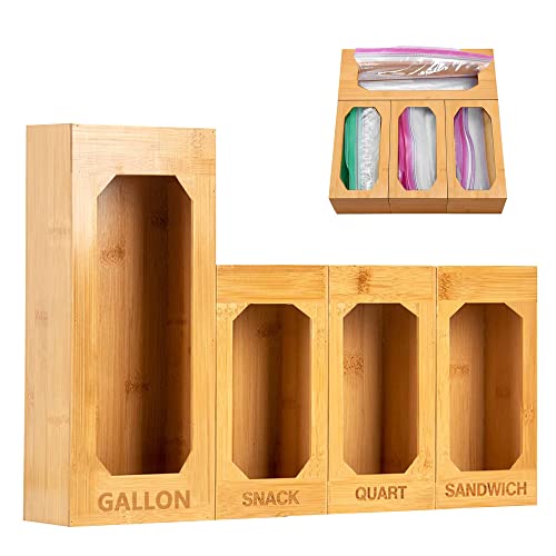 Ziplock Bag Storage Organizer for Drawer,Ziplock Bag Organizer,Pack of 4 Bamboo Bag Foil and Plastic Bag Organizer Food Storage Bag for Gallon Quart Sandwich Snack Baggies