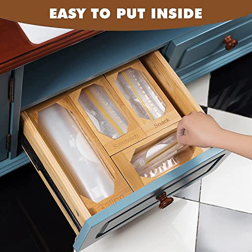 Ziplock Bag Storage Organizer for Drawer,Ziplock Bag Organizer,Pack of 4 Bamboo Bag Foil and Plastic Bag Organizer Food Storage Bag for Gallon Quart Sandwich Snack Baggies