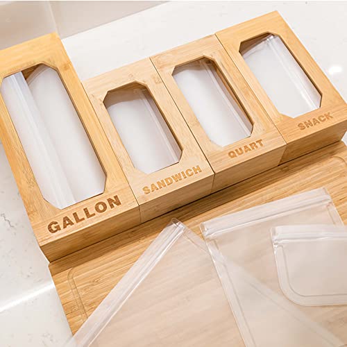 Ziplock Bag Storage Organizer for Drawer,Ziplock Bag Organizer,Pack of 4 Bamboo Bag Foil and Plastic Bag Organizer Food Storage Bag for Gallon Quart Sandwich Snack Baggies