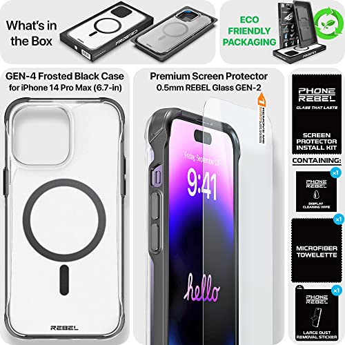 REBEL Phone Clear Case for iPhone 14 Pro Max [Frosted Series Gen-4] Strong MagSafe Compatible, Translucent, Matte Texture, Protective Shockproof Bumpers, Metal Buttons, 6.7 Inch 2023 (Frosted Black)