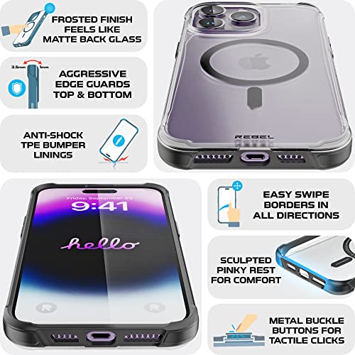 REBEL Phone Clear Case for iPhone 14 Pro Max [Frosted Series Gen-4] Strong MagSafe Compatible, Translucent, Matte Texture, Protective Shockproof Bumpers, Metal Buttons, 6.7 Inch 2023 (Frosted Black)