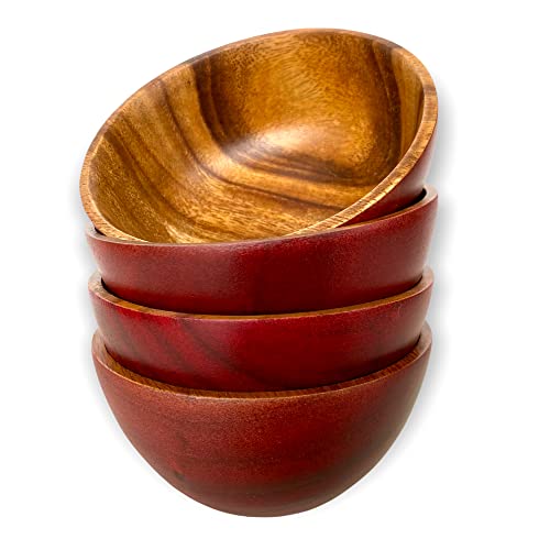 WRIGHTMART Wood Bowl, Set of 4 for Food, Salad, Snacks, Appetizers, Candy, Nut Mixes, Rustic Durable Hand Crafted Acacia Serveware, 5” diameter, Natural Finish, Red Wash Exterior