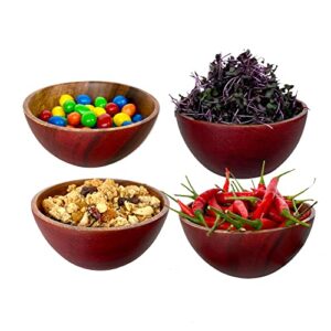 WRIGHTMART Wood Bowl, Set of 4 for Food, Salad, Snacks, Appetizers, Candy, Nut Mixes, Rustic Durable Hand Crafted Acacia Serveware, 5” diameter, Natural Finish, Red Wash Exterior