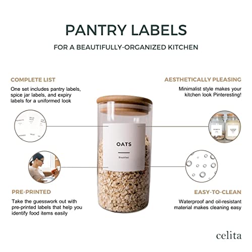 Celita 248 Kitchen Pantry Labels with Spice Jar Labels - Minimalist Modern Food Storage Labels Preprinted - Waterproof Stickers Complete Pantry Labels for Containers