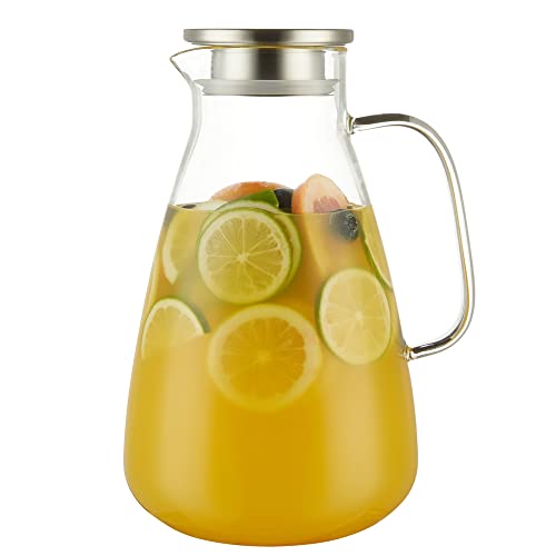 Purefold Glass Pitcher with Lid, Large Iced Tea Water Pitcher, Easy Clean Heat Resistant Borosilicate Glass Jug with Stainless Steel Lid for Juice, Milk, Cold or Hot Beverages - 100oz