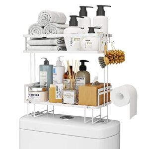 joyki bathroom over the toilet storage shelf,2-tier bathroom organizer, restroom organizers with adhesive base and hooks,anti-tilt no drilling wall mounting rack toilet paper hanger,white