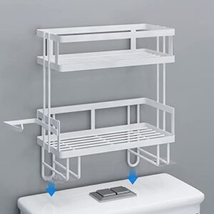 JOYKI Bathroom Over The Toilet Storage Shelf,2-Tier Bathroom Organizer, Restroom Organizers with Adhesive Base and Hooks,Anti-Tilt No Drilling Wall Mounting Rack Toilet Paper Hanger,White