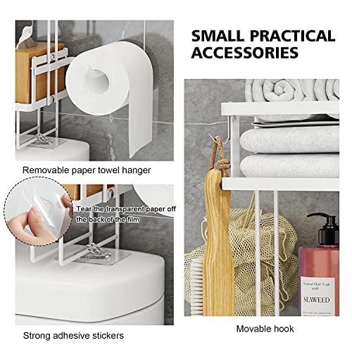 JOYKI Bathroom Over The Toilet Storage Shelf,2-Tier Bathroom Organizer, Restroom Organizers with Adhesive Base and Hooks,Anti-Tilt No Drilling Wall Mounting Rack Toilet Paper Hanger,White