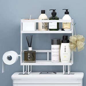 JOYKI Bathroom Over The Toilet Storage Shelf,2-Tier Bathroom Organizer, Restroom Organizers with Adhesive Base and Hooks,Anti-Tilt No Drilling Wall Mounting Rack Toilet Paper Hanger,White