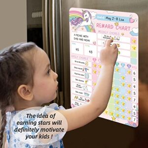 Magnetic Dry Erase Chore Chart for Two Kids, Reward Chart for Kids Behavior. Includes 52 Static Tasks, 126 Golden Stars and Unicorn & Iridescent Mermaid Magnetic Charts Each