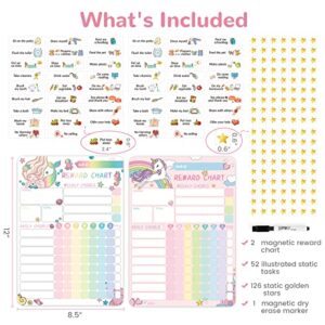 Magnetic Dry Erase Chore Chart for Two Kids, Reward Chart for Kids Behavior. Includes 52 Static Tasks, 126 Golden Stars and Unicorn & Iridescent Mermaid Magnetic Charts Each