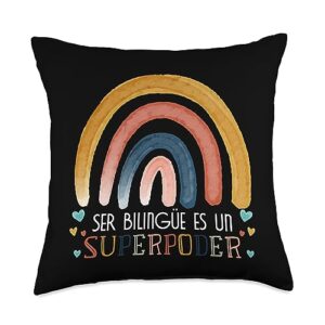 bilingual teacher super poder camisa maestra tee ser bilingue es un superpoder spanish esl teacher throw pillow, 18x18, multicolor