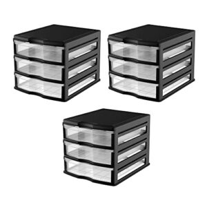 life story 3 drawer stackable shelf organizer plastic storage drawers for bathroom storage, make up, or pantry organization, black (3 pack)