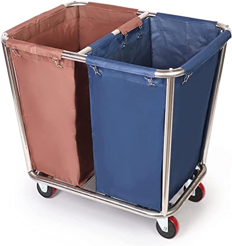 tonchean Rolling Laundry Sorter Cart 2 Bag, Commercial Laundry Hamper Basket Cart with Heavy Duty Lockable Wheels and Removable Bags Industrial Laundry Trolley Cart for Clothes Storage