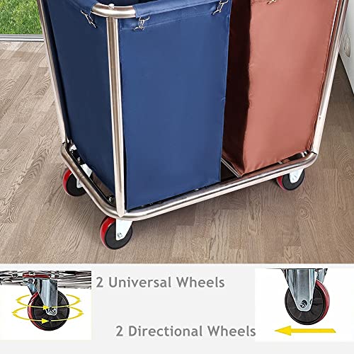 tonchean Rolling Laundry Sorter Cart 2 Bag, Commercial Laundry Hamper Basket Cart with Heavy Duty Lockable Wheels and Removable Bags Industrial Laundry Trolley Cart for Clothes Storage