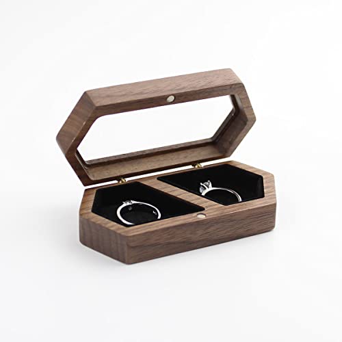 Wooden Ring Box Transparent Lid Couple Rings Box for Engagement Wedding Box Two Slots Black Velvet Small Jewelry Box for Stud Earrings Bracelet Necklace