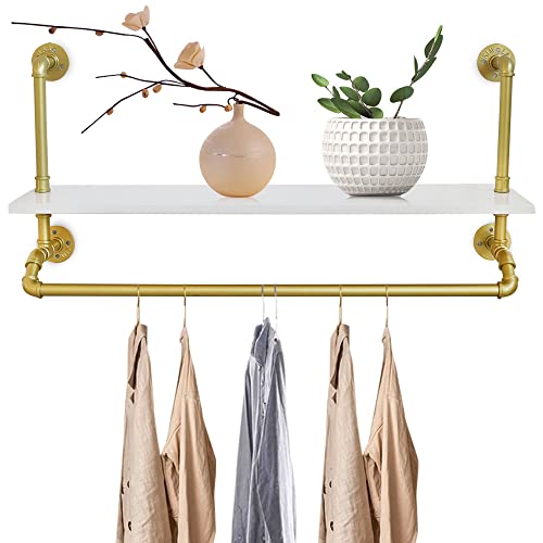 Wall-Mounted Garment Rack ,Modern Simple Clothing Store Heavy Metal Display Stand Garment Bar,Clothes Rail,Bathroom Hanging Towel Rack,Multi-purpose Hanging Rod for Closet Storage (Gold Square Tube W/Shelf ,39.37"L)